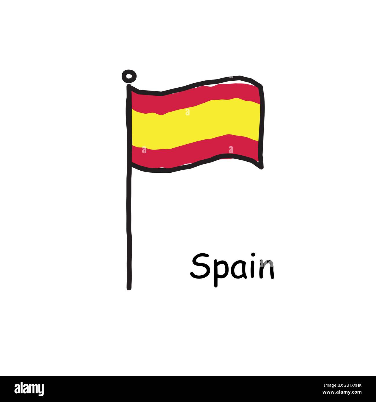 hand drawn sketchy Spain flag on the flag pole. three color flag ...