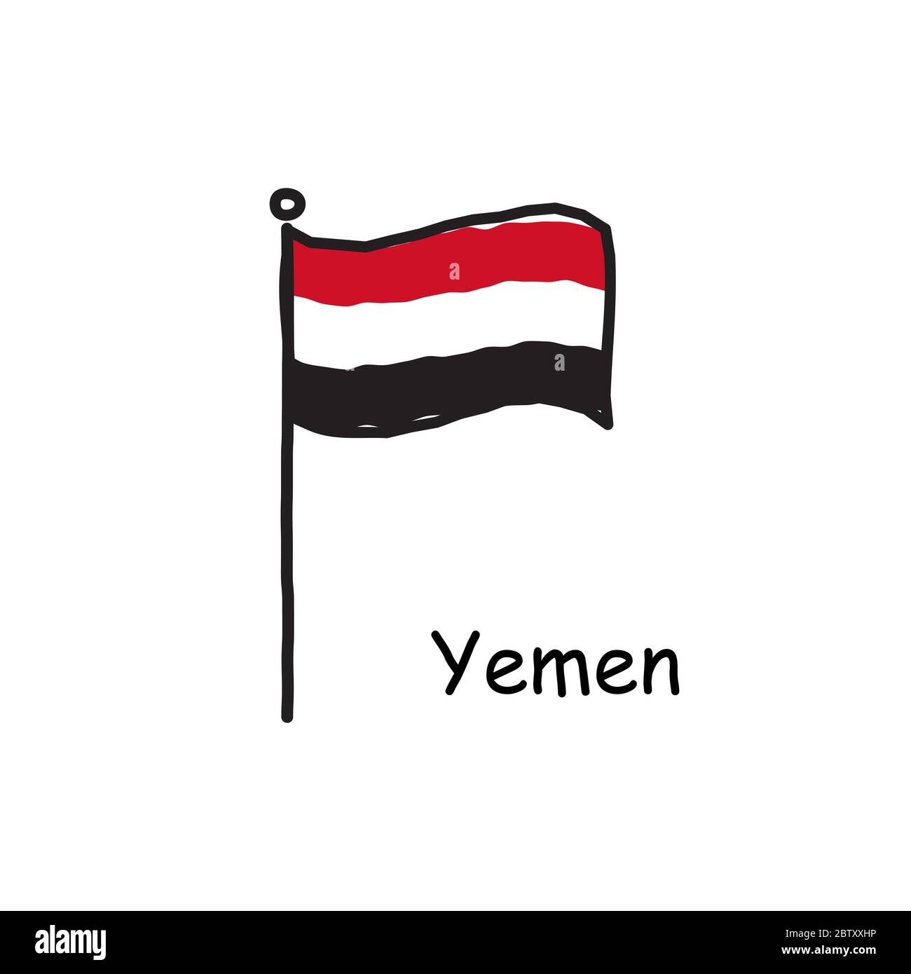 hand drawn sketchy Yemen flag on the flag pole. three color flag ...