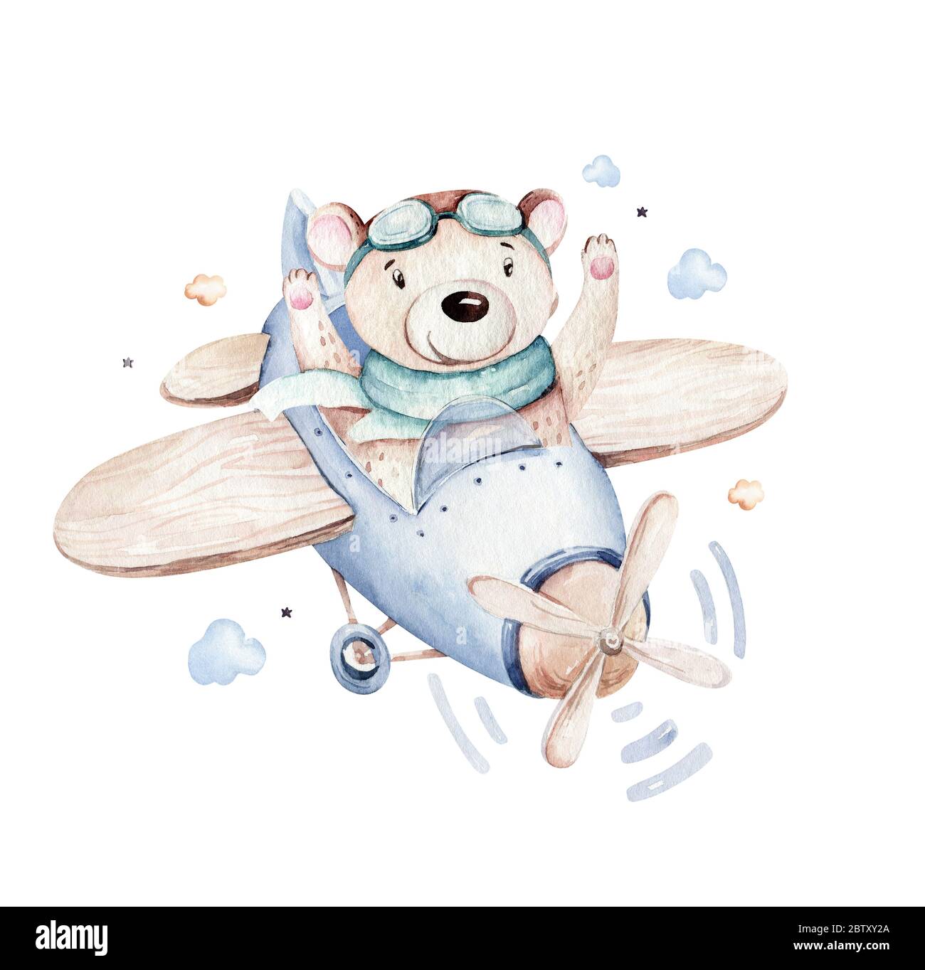 Watercolor set baby cartoon cute pilot aviation background illustration ...