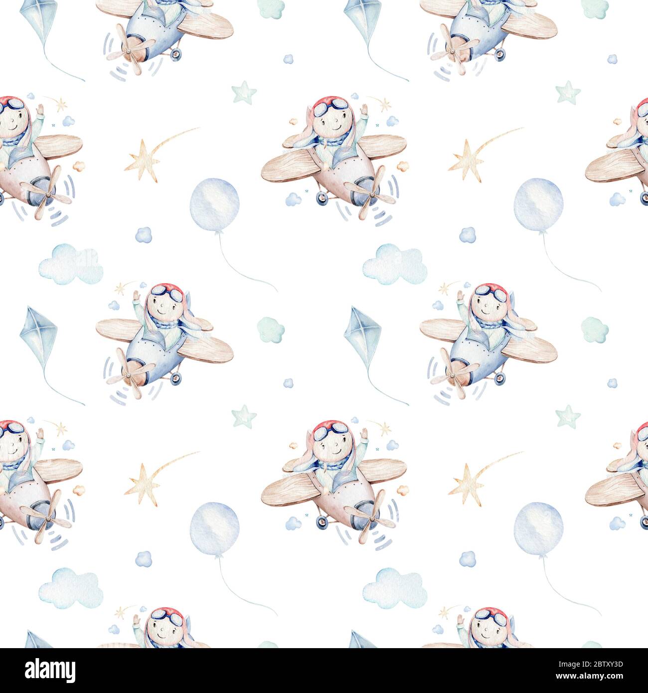 Watercolor airplane kid seamless pattern. Watercolor toy background ...