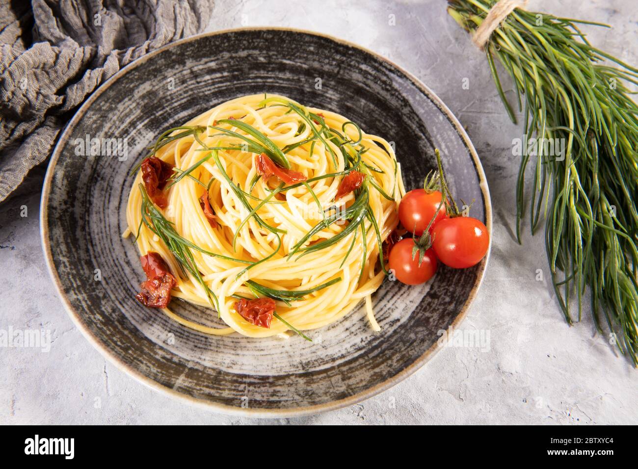 Spaghetti with agretti, a spring vegetable from Italy, and sun dried ...