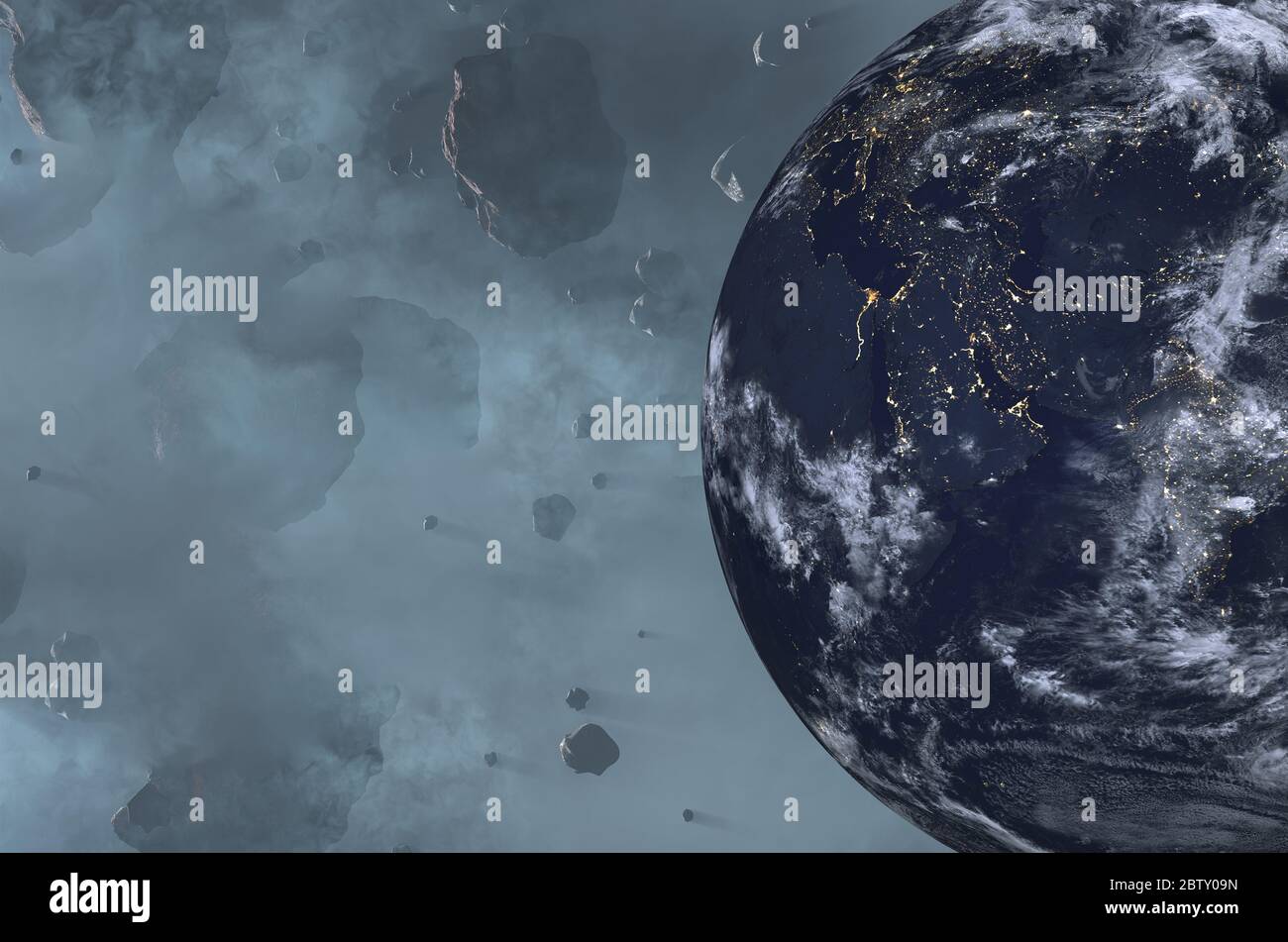 Night Earth planet of Solar system in space asteroid field with dust ...
