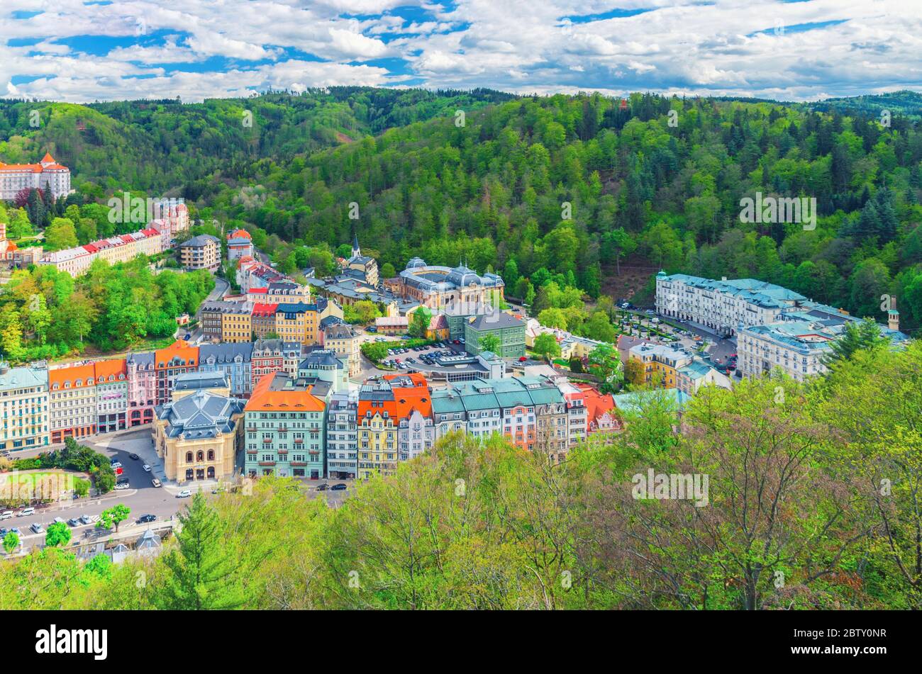 Karlovy Vary Carlsbad historical city centre top aerial view with ...