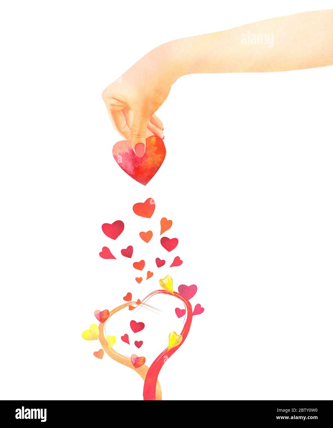 conceptual watercolor illustration of pouring and giving love to ...