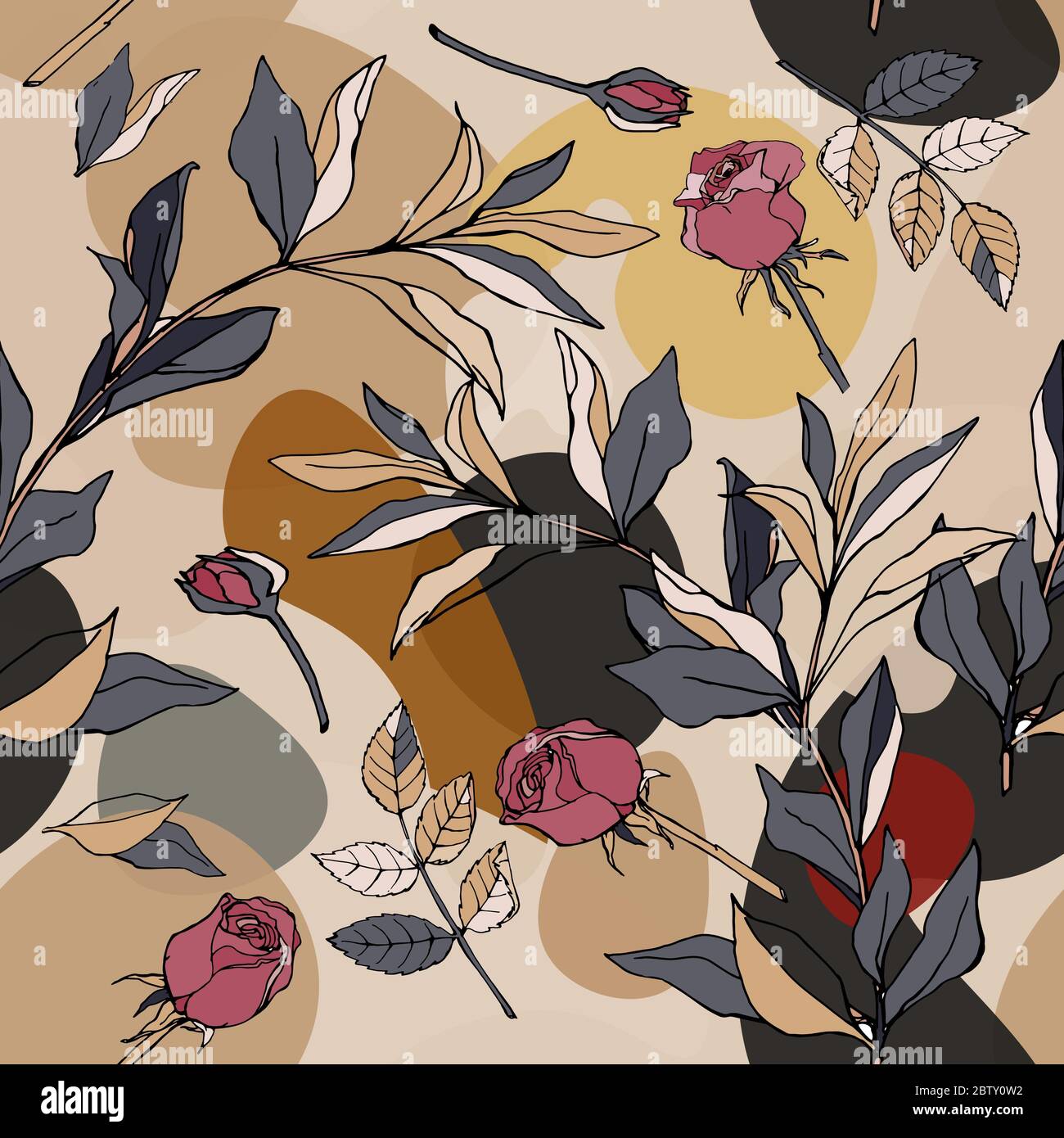Red roses with leaves on a dirty yellow background. Seamless vector ...
