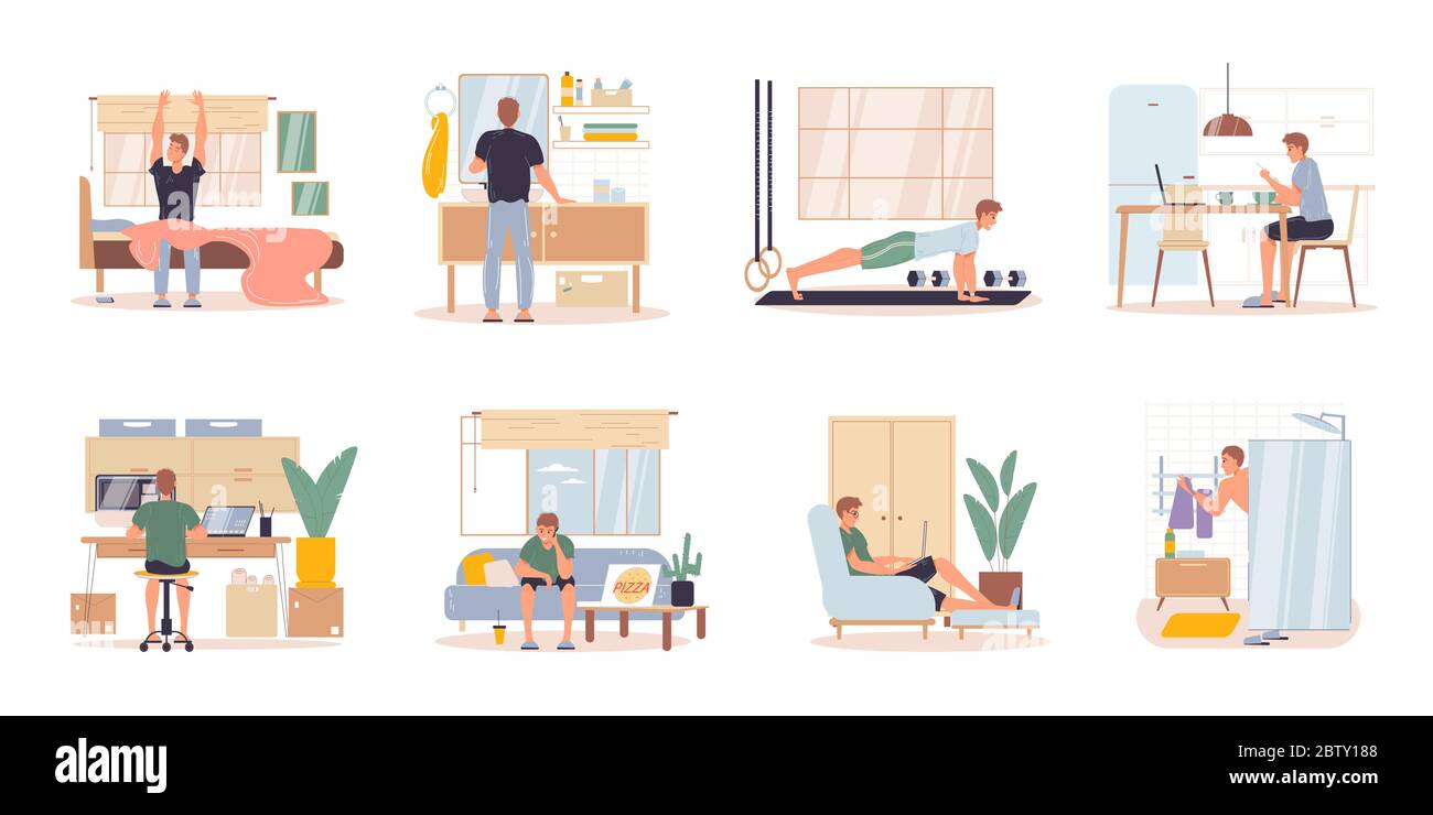 Man character work activities daily routine set Stock Vector Image ...