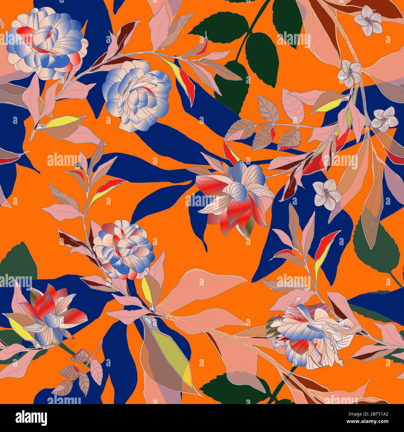 Seamless pattern with blue and colored roses and leaves on a orange ...