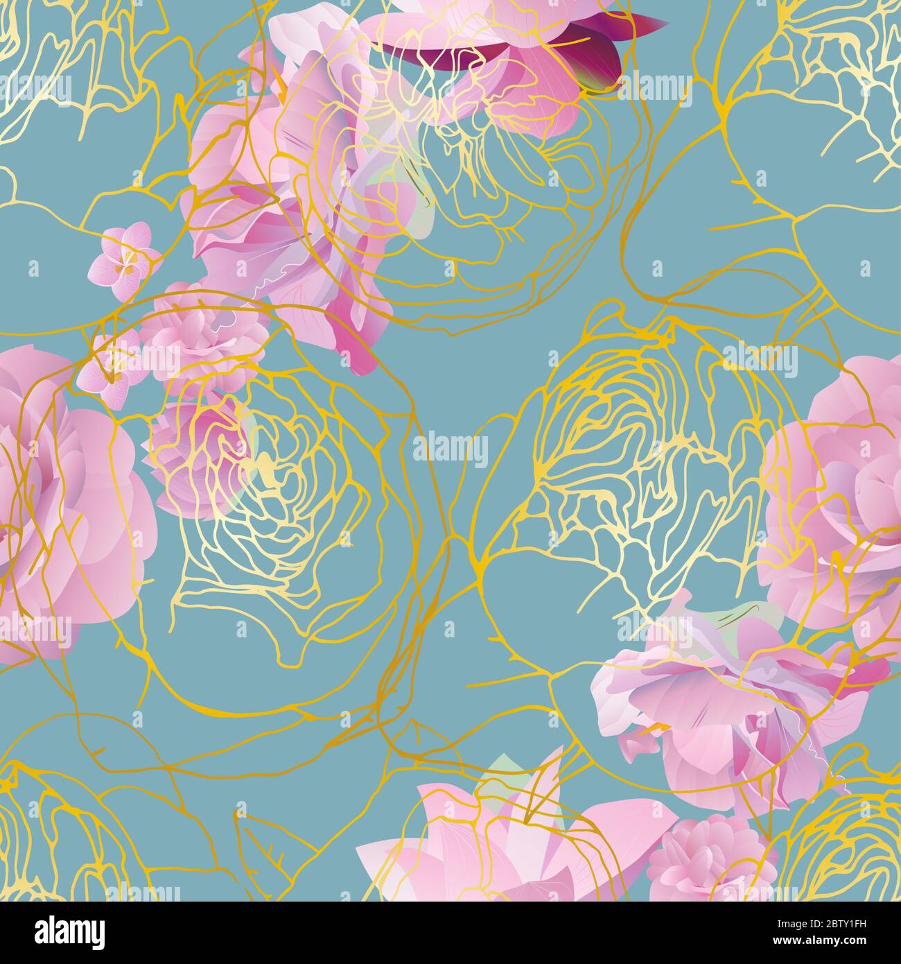 Seamless pattern with pink and golden roses direction on diagonal on ...