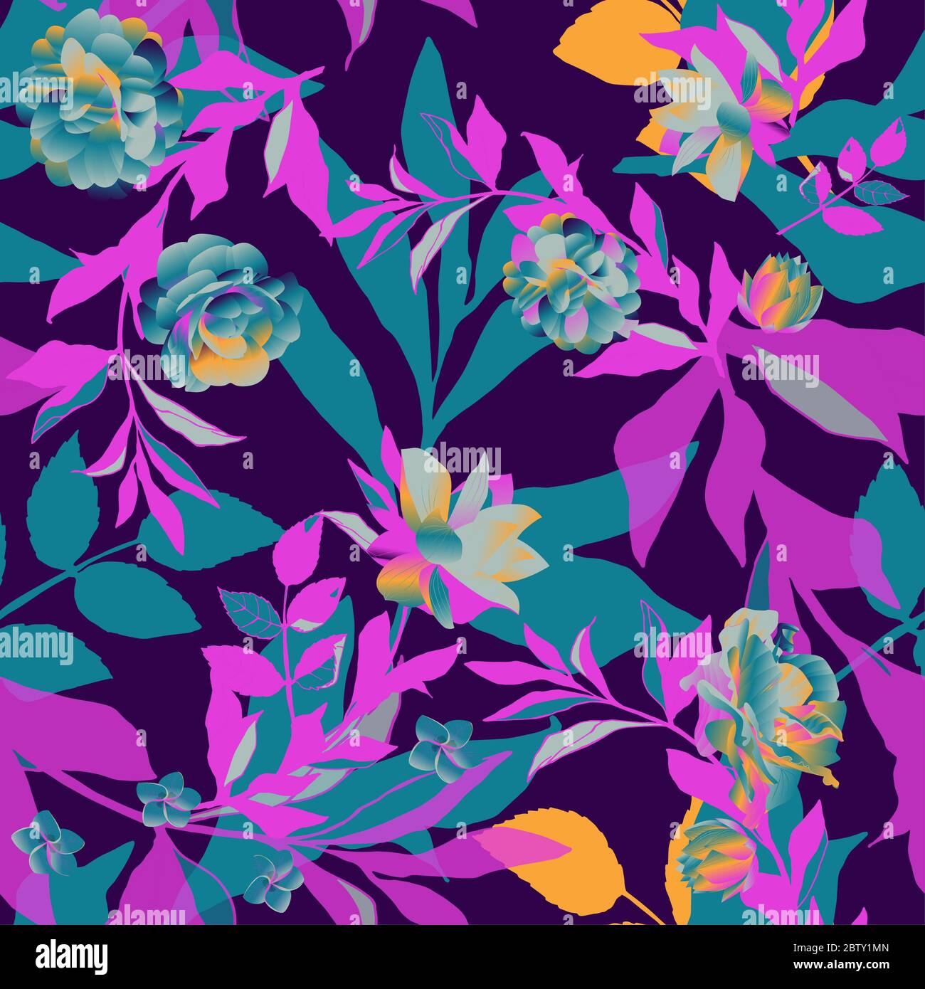 Seamless pattern with magenta pink, emerald green roses and leaves on ...