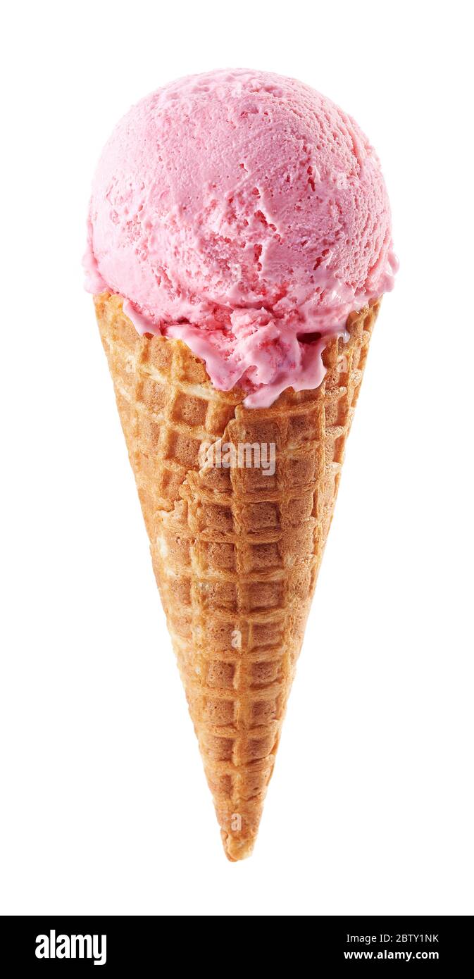 Pink strawberry ice cream with cone isolated on white background Stock ...
