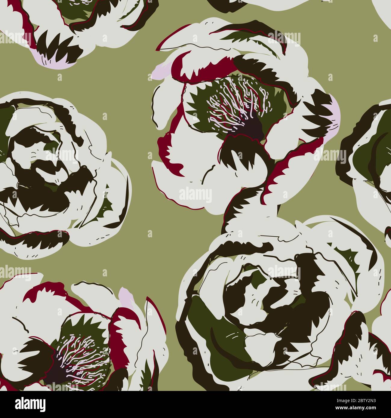 Large light roses and peonies on a sage green background. Seamless ...