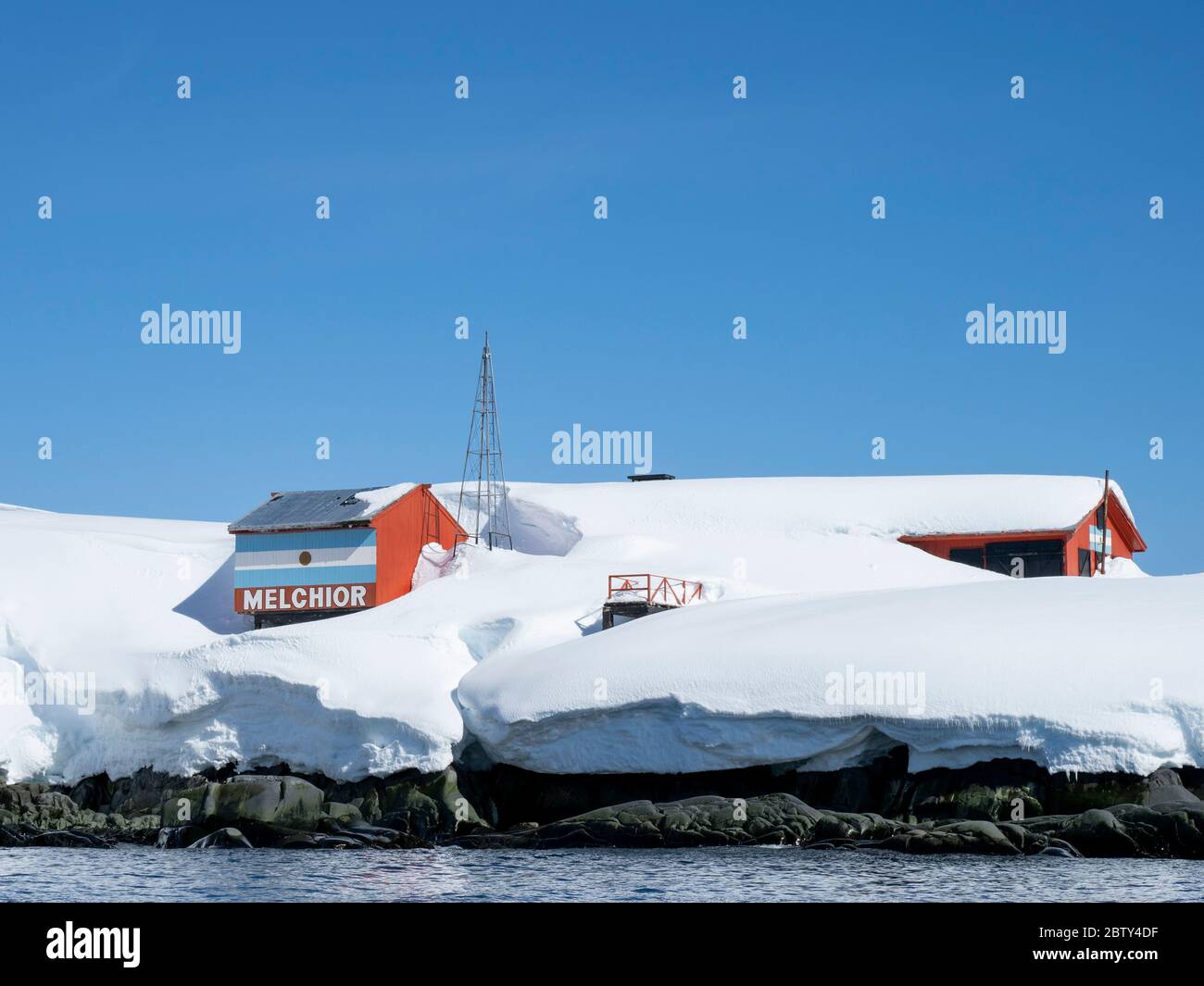 Snow covers the Argentine Research Base in the Melchior Islands ...