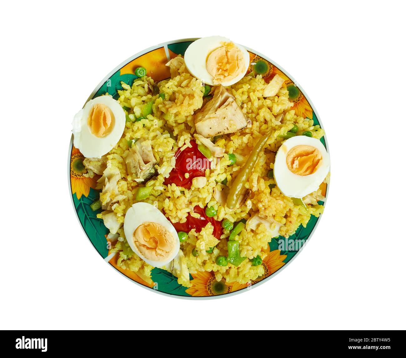 Smoked Spanish paprika paella with cod close up Stock Photo - Alamy