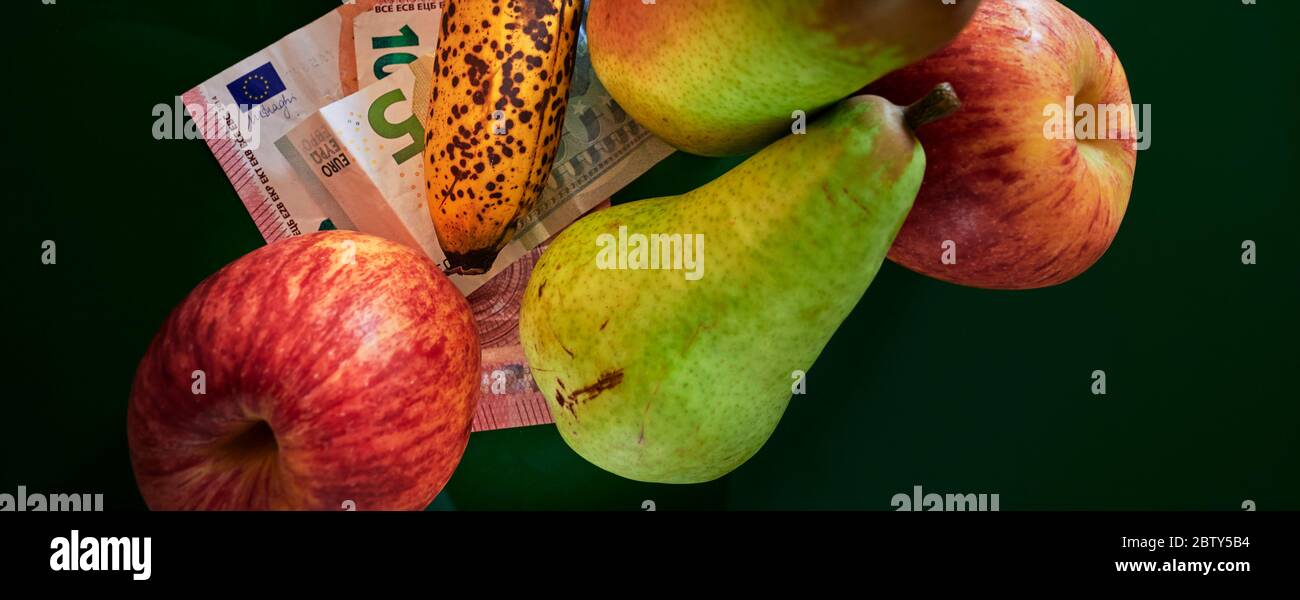 Fruit Lying Together With European Banknotes On A Green Background