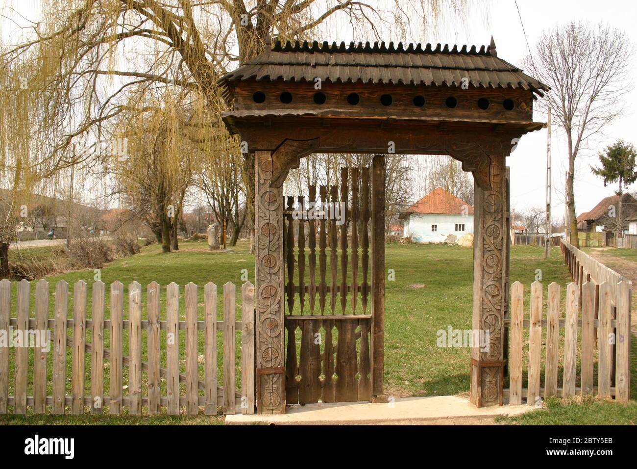 Covasna County, Romania. Traditional wooden gate decorated by local ...