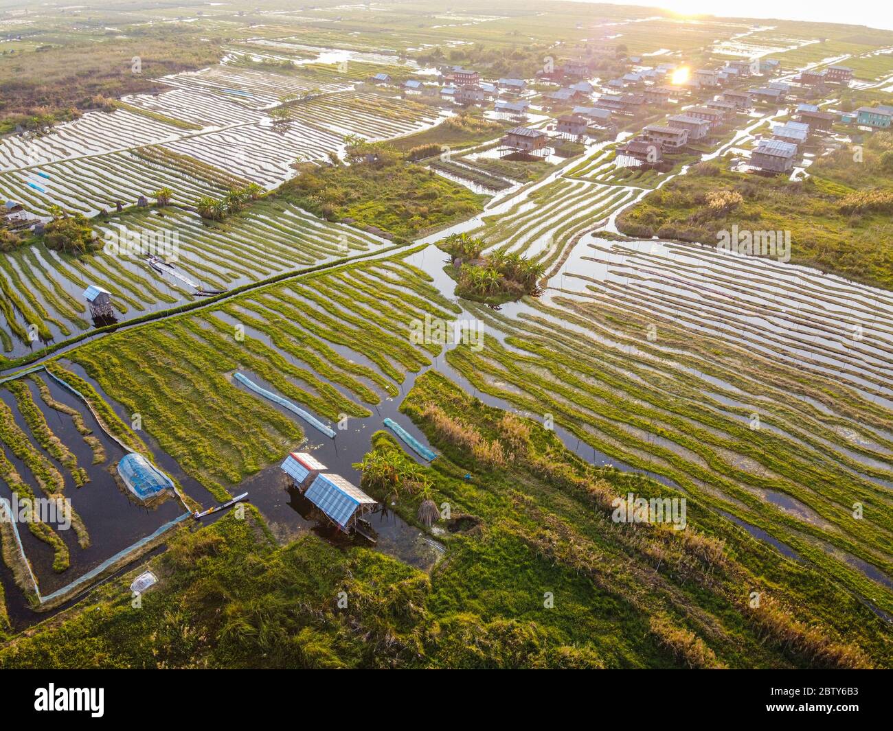 Aerial by drone of the floating gardens, Inle Lake, Shan state, Myanmar ...