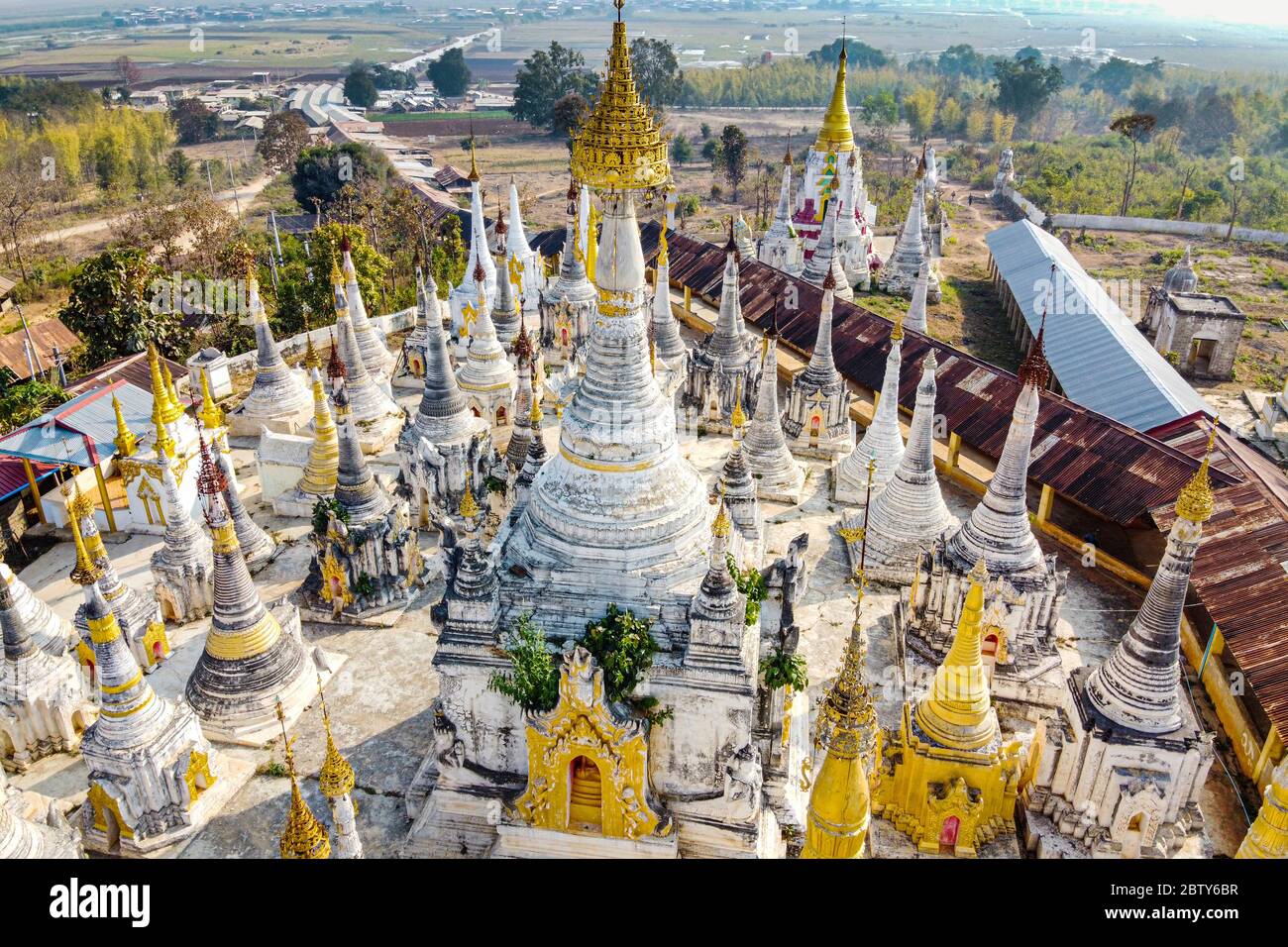 Aerial view by drone of pagodas, Inle Lake, Shan state, Myanmar (Burma ...