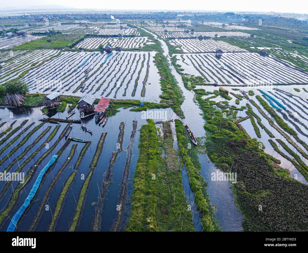 Aerial by drone of the floating gardens, Inle Lake, Shan state, Myanmar ...