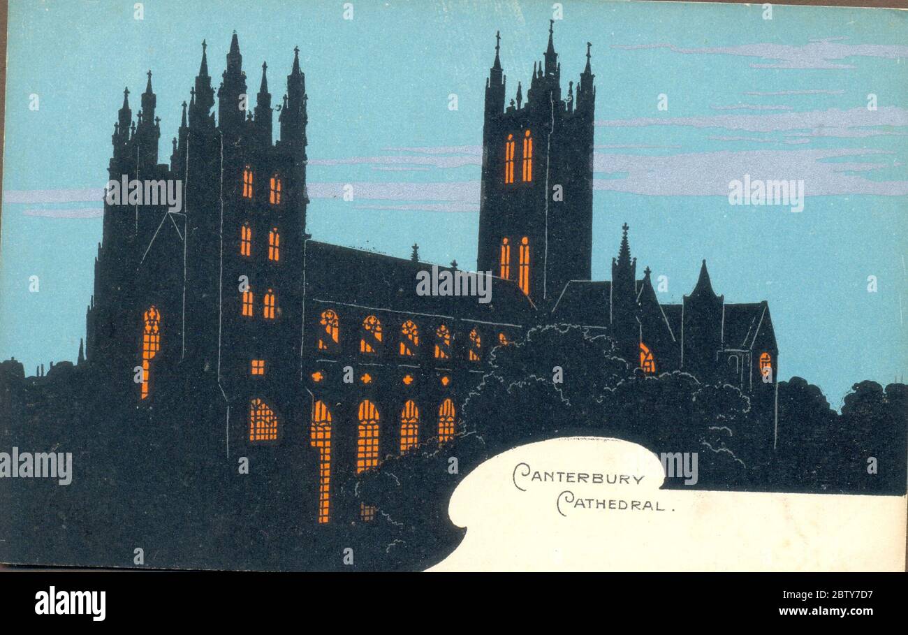 Postcard of Canterbury Cathedral, Kent, in silhouette at sunset circa ...