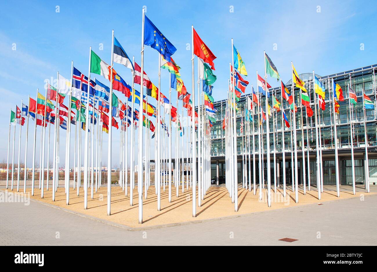 Flags of the world in front of an trade fair Stock Photo - Alamy