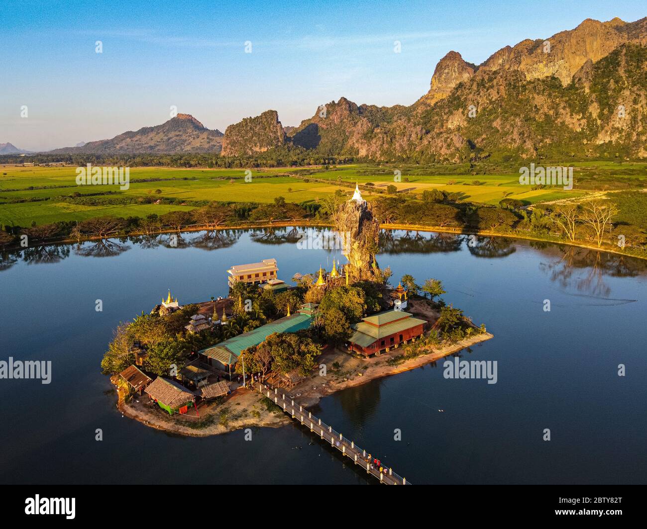 Aerial of the Kyauk Kalap pagoda, Hpa-An, Kayin state, Myanmar (Burma ...