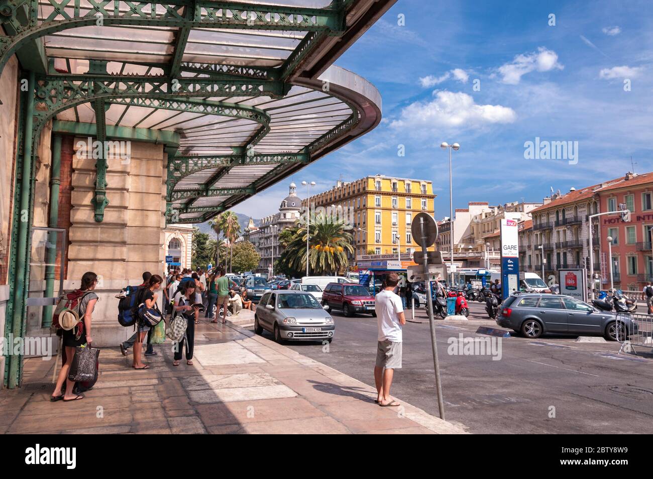 View of the Saint-Raphael train station entrance with view of parking ...