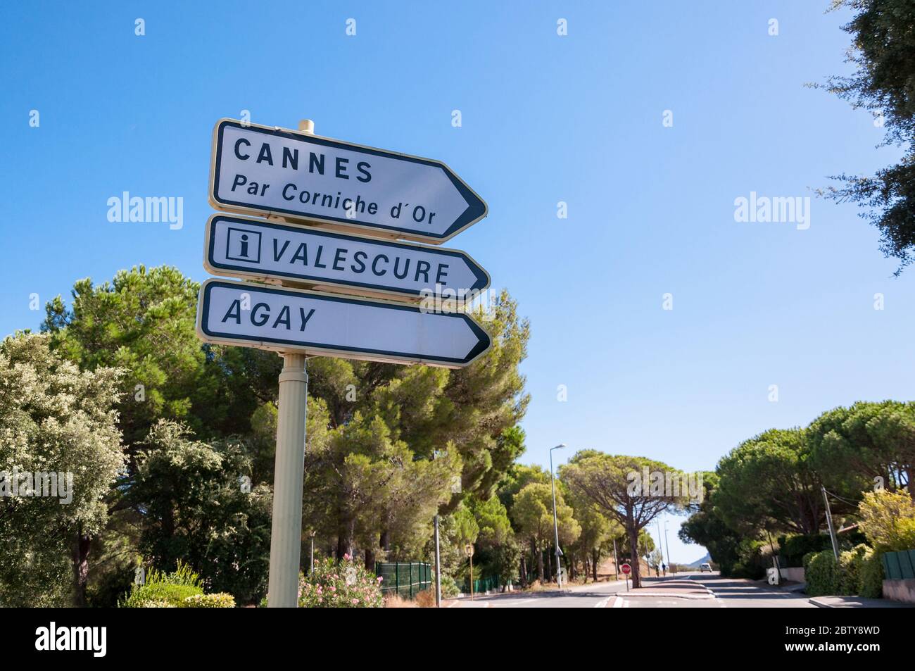 Road sign showing directions to Cannes, Agay and Valescure, France ...