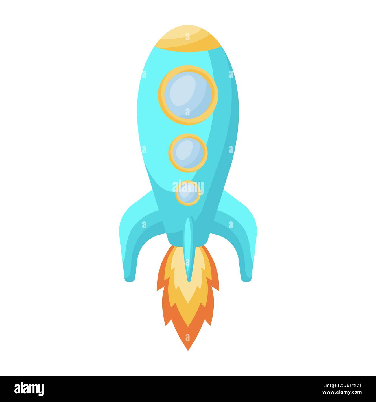 Bright turquoise cartoon rocket with fire trace launched into space for ...