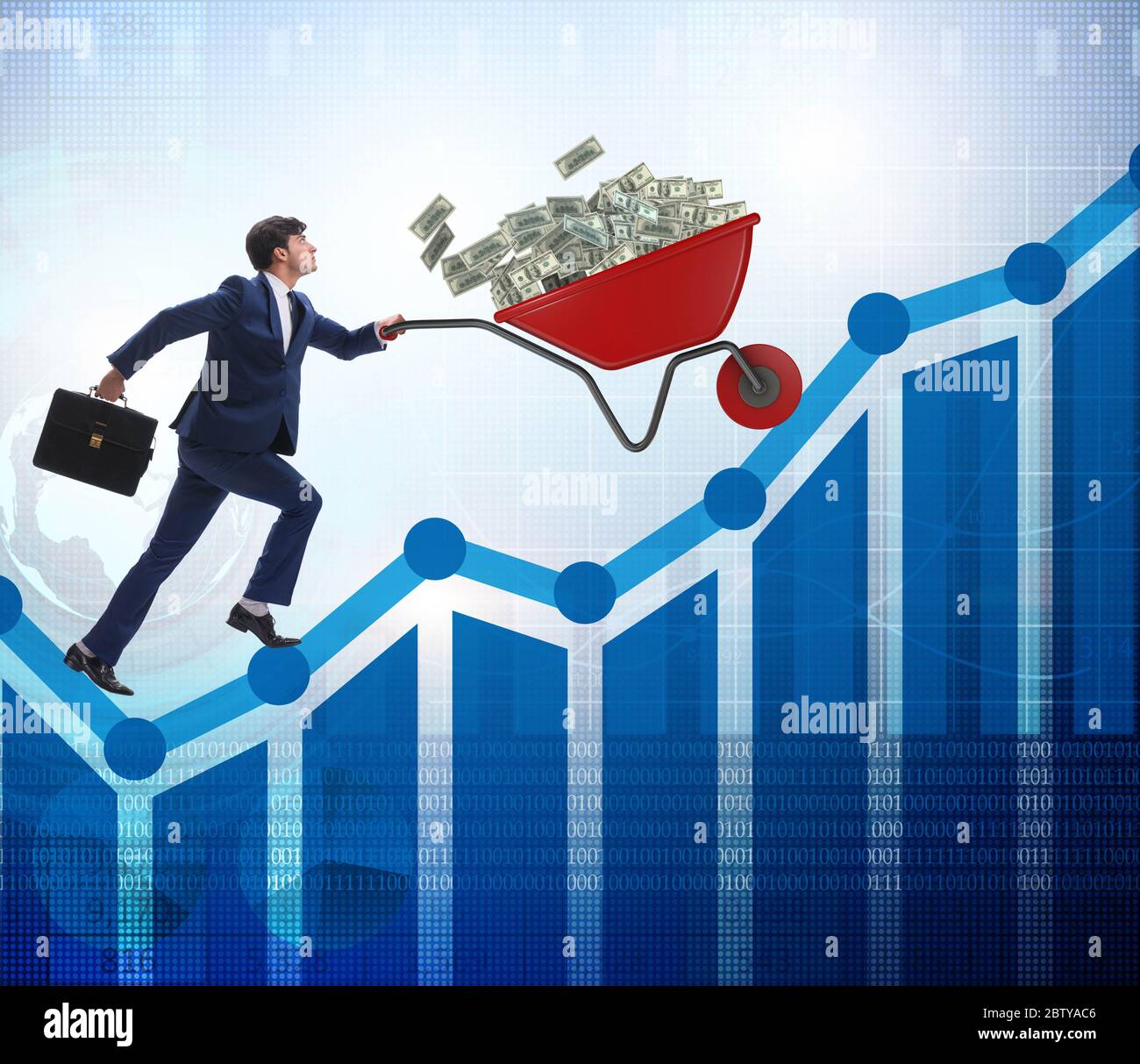 The businessman pushing wheelbarrow full of dollar money Stock Photo ...