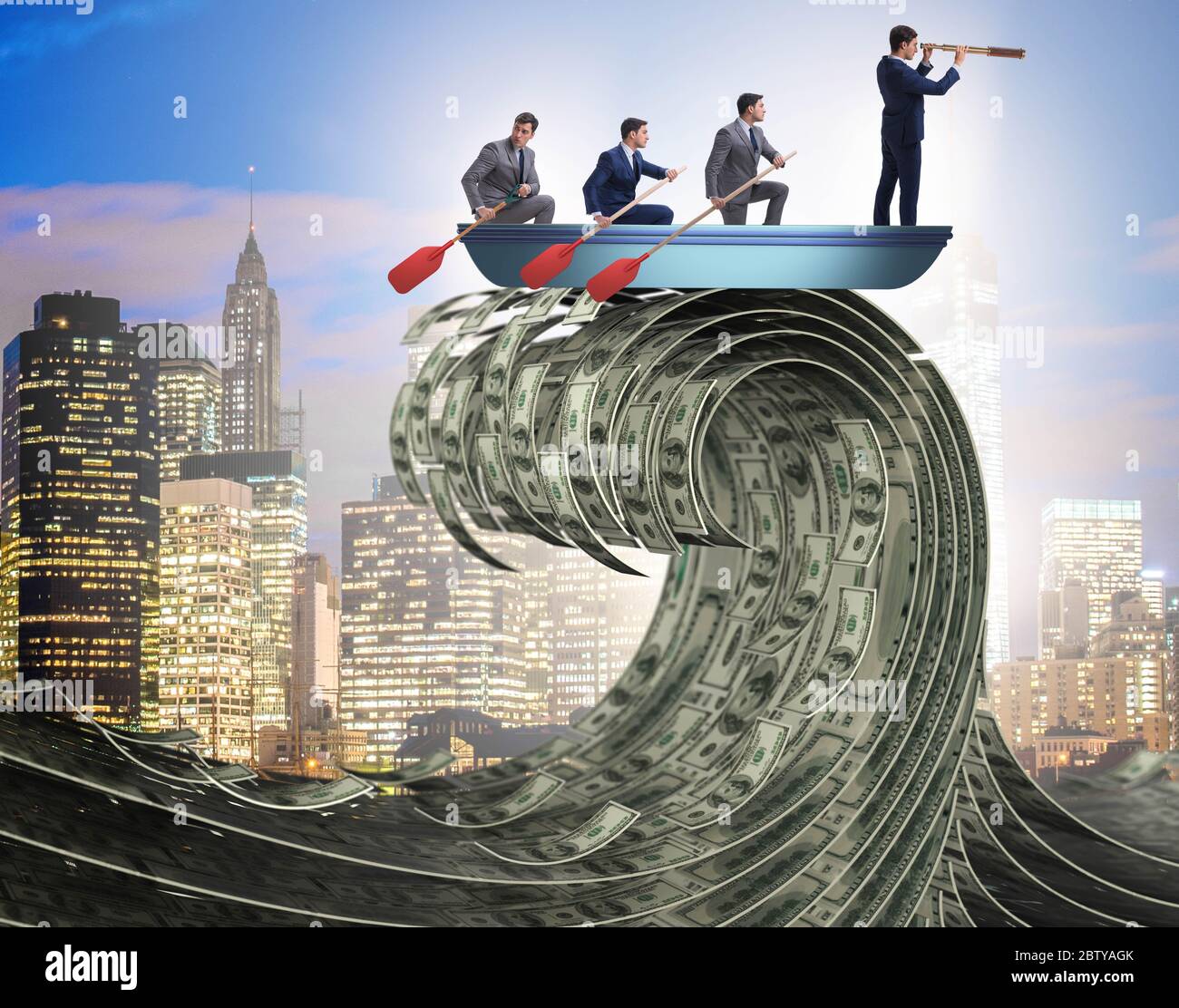 The businessman leading his team through wave of dollars Stock Photo ...