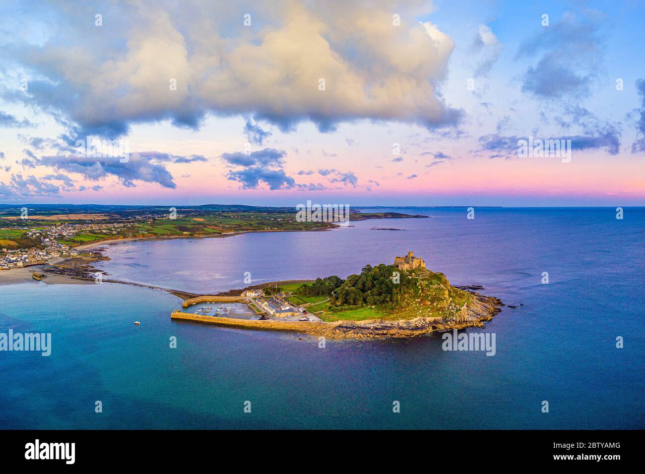 Aerial view over Saint Michael's Mount, Marazion, near Penzance ...