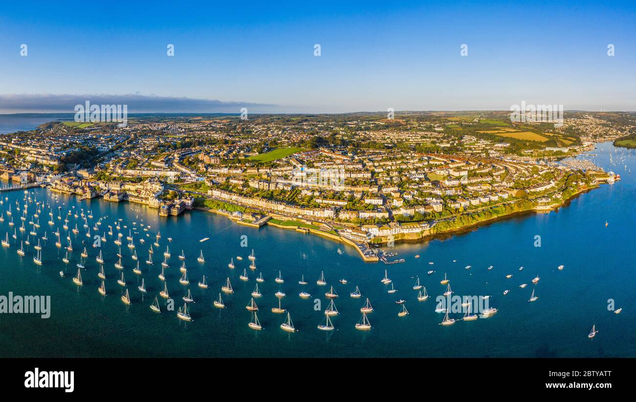 Aerial view over the Penryn River and Falmouth, Cornwall, England ...