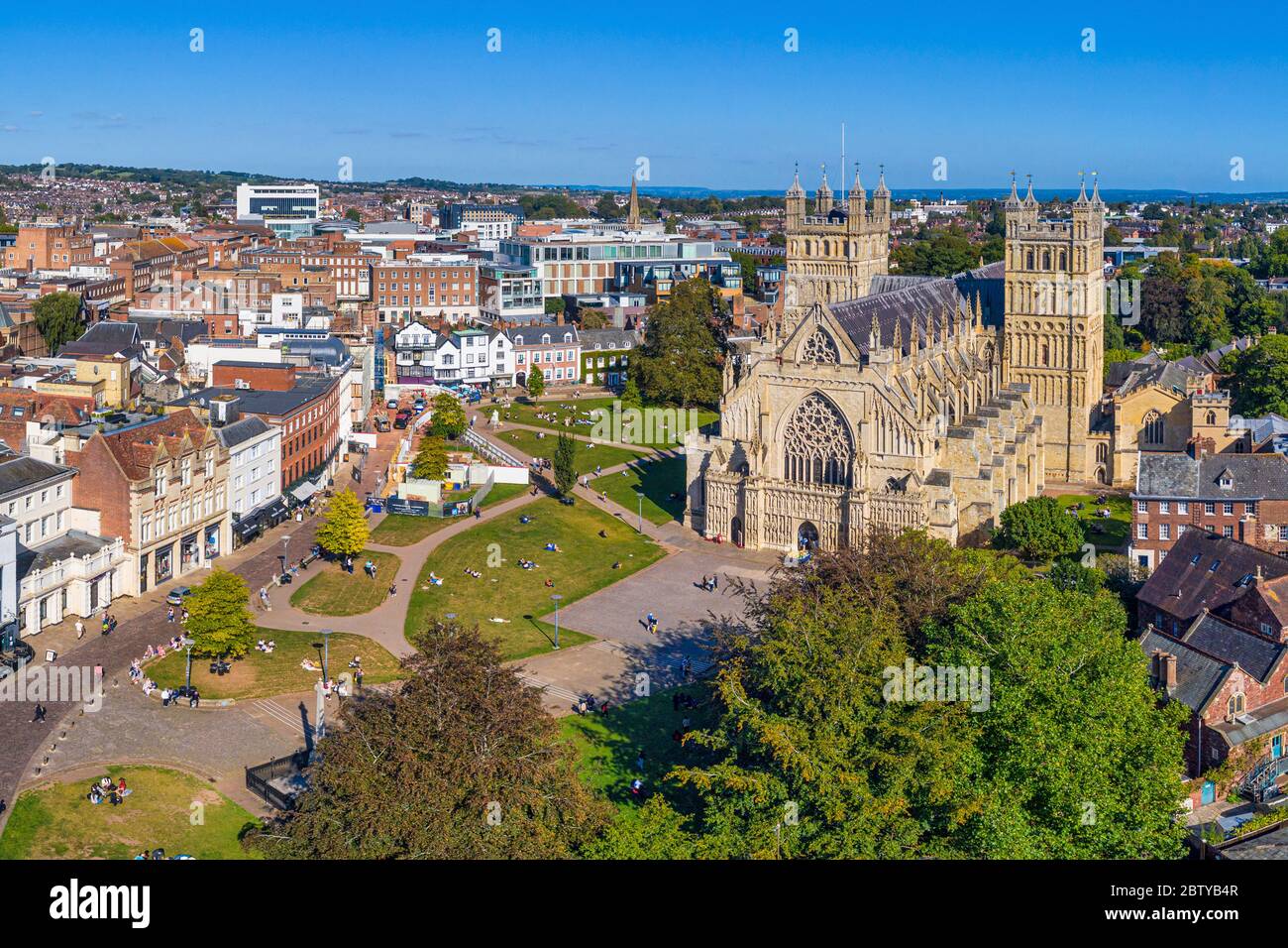 Aerial view over Exeter city centre and Exeter Cathedral, Exeter, Devon ...