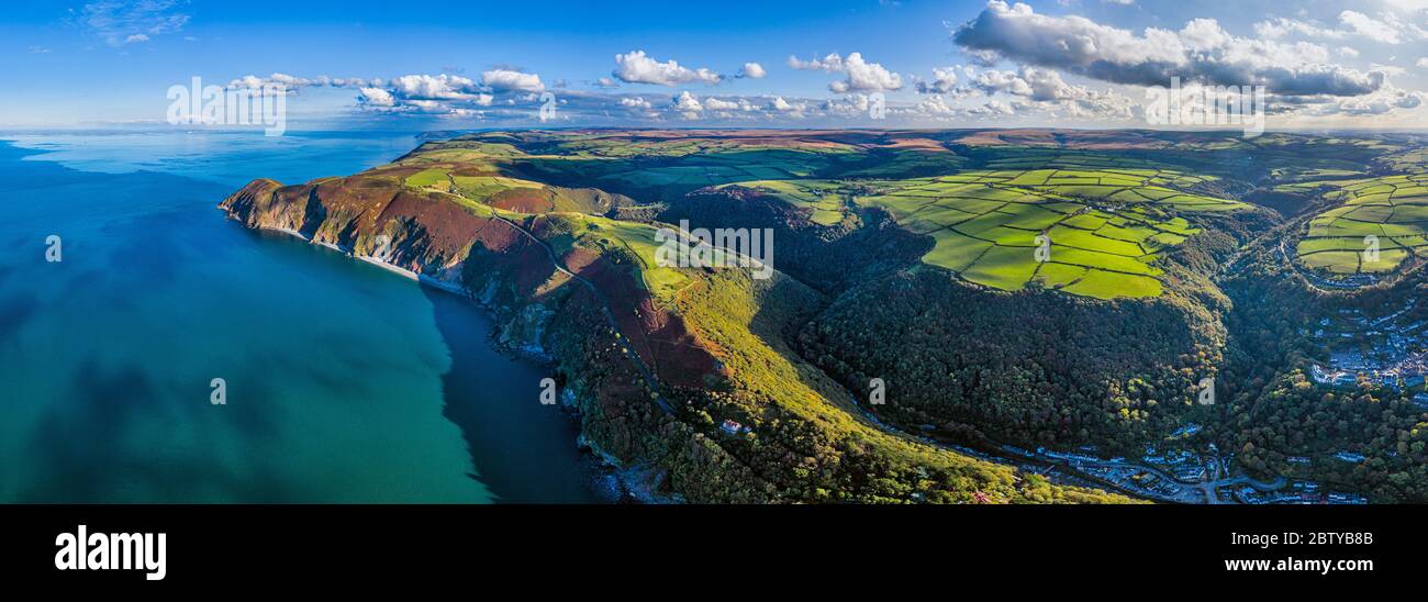 Aerial view over Exmoor National Park coastline, Lynton and Lynmouth ...