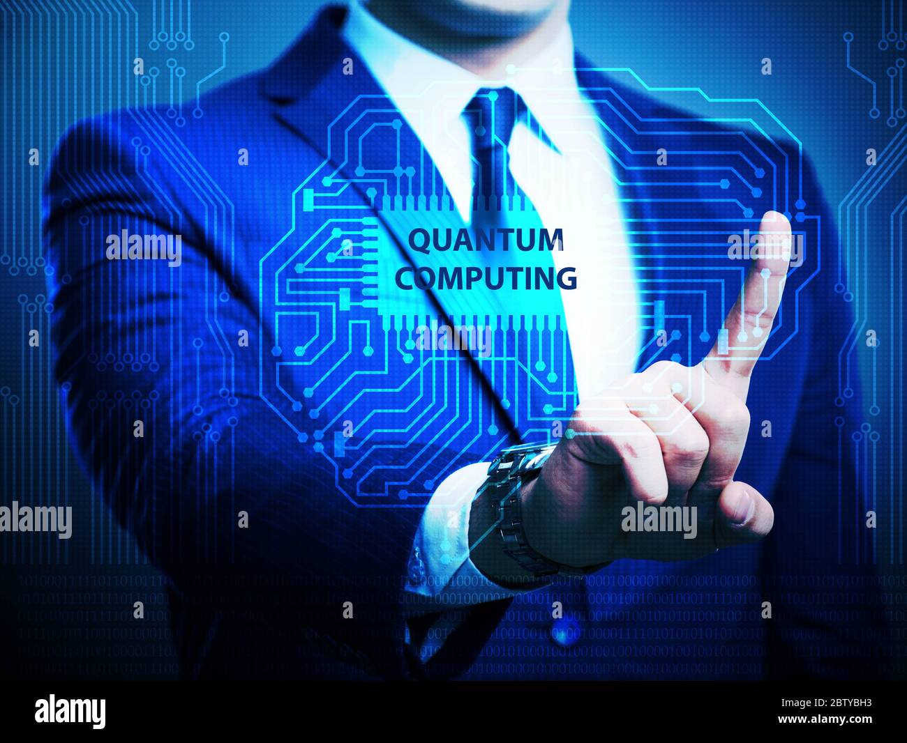 The businessman pressing virtual button in quantum computing concept Stock Photo - Alamy