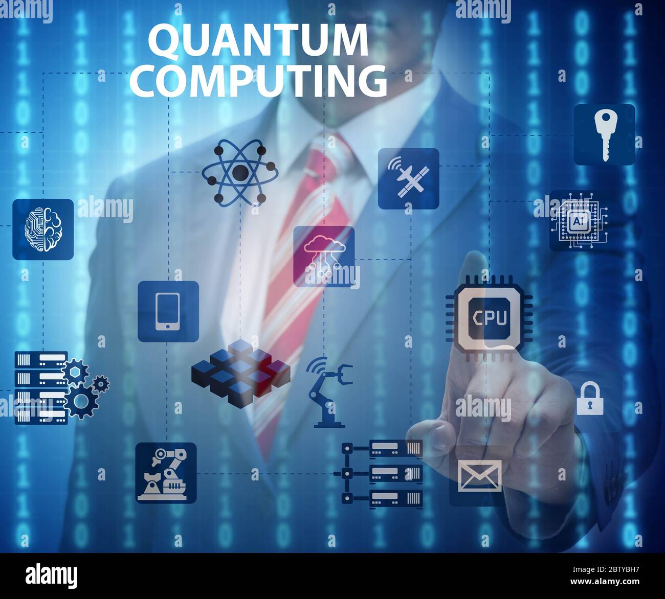 The businessman pressing virtual button in quantum computing concept ...