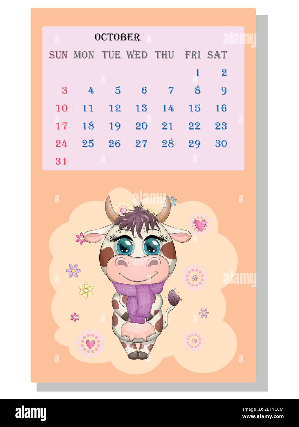 Calendar 2021. Cute bull and cow for October Stock Vector Image & Art ...