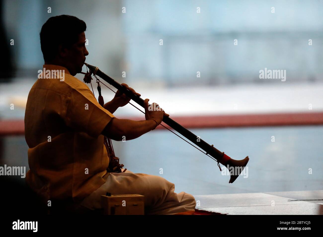 Musician playing a Nadaswaram, a tradional Indian wind instrument, Sri ...
