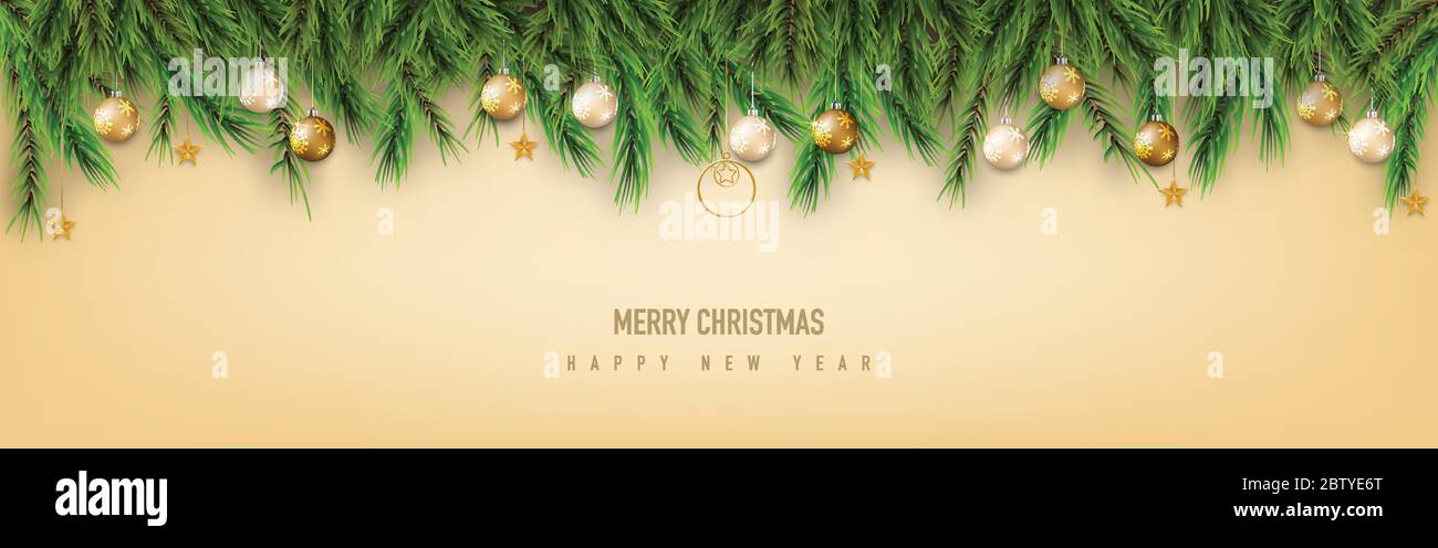 Merry Christmas decorative border design with pine branches and xmas ...