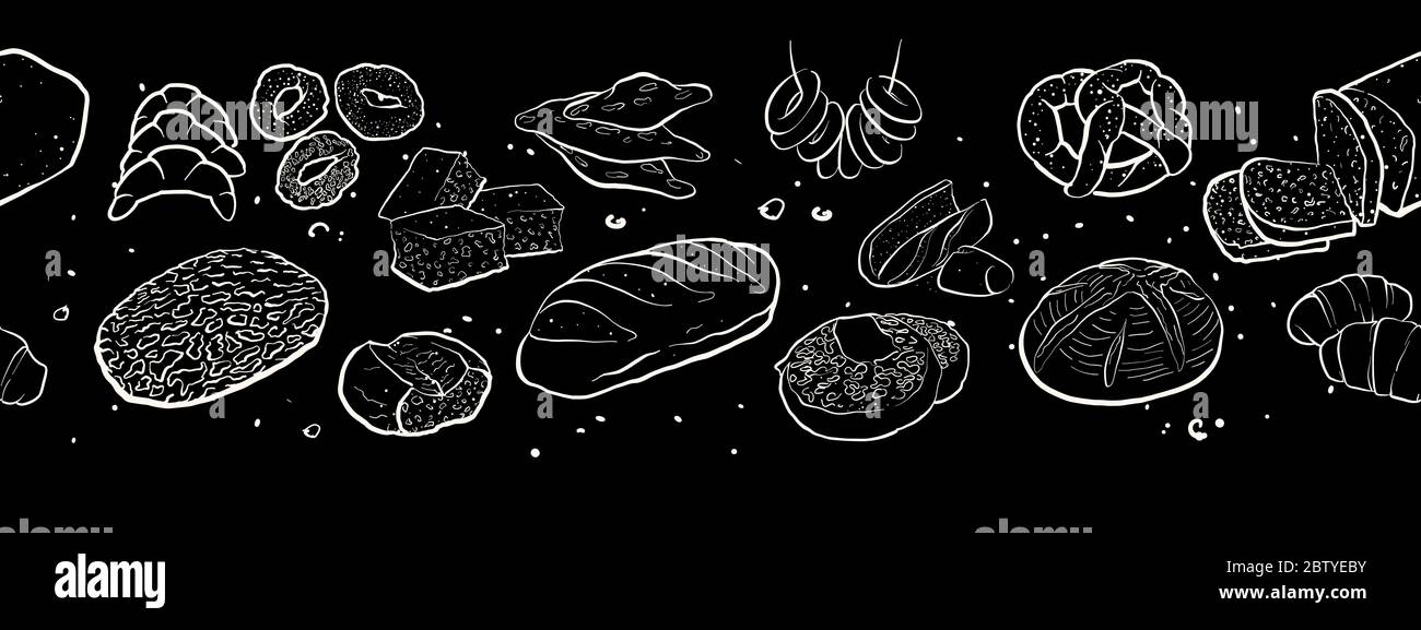 Outline version of Fresh bread banner. Seamless panoramic composition ...