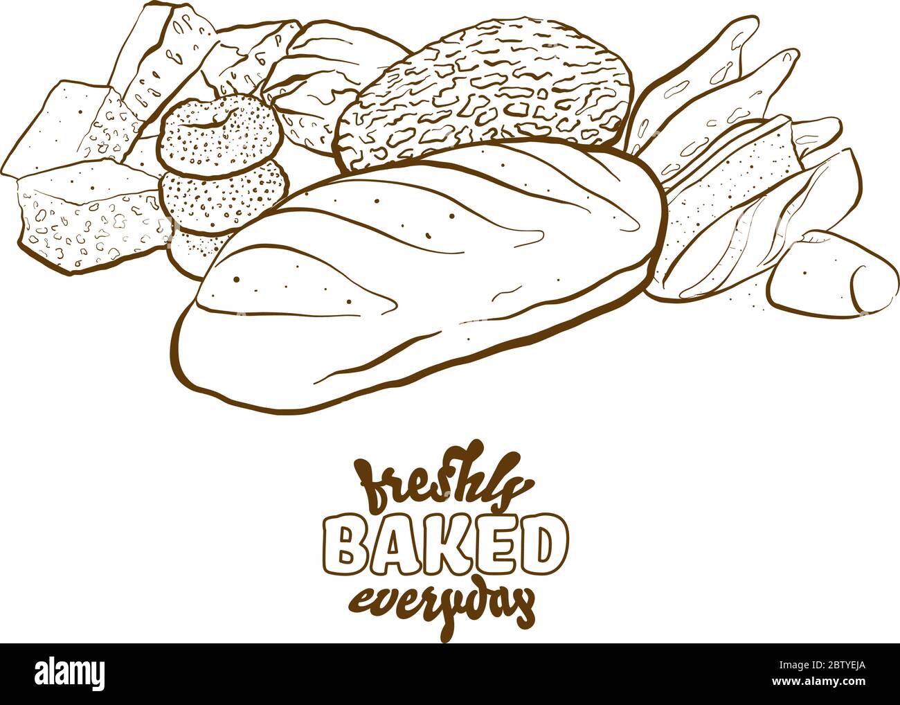Outline version of Freshly baked everyday lettering with various bread ...