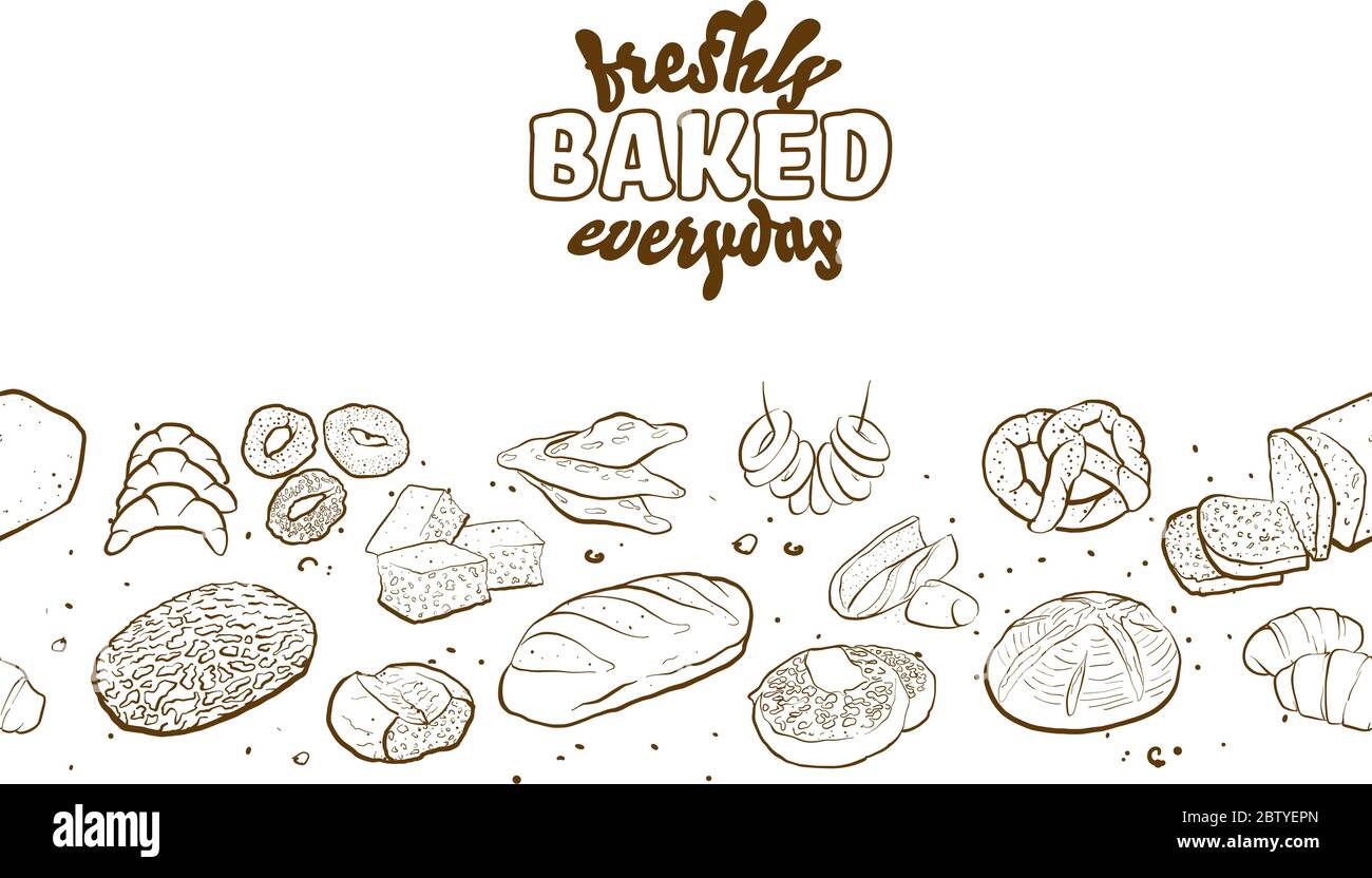 Outline version of Freshly baked everyday label with illustrations of ...