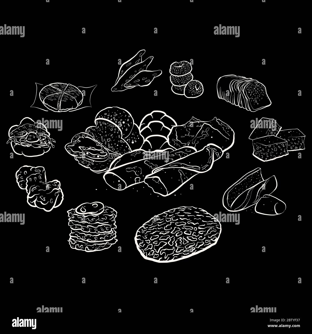 Outline version of Circle shape composition from hand drawn bread. Rich ...