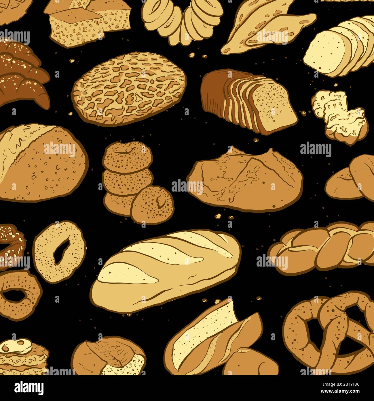 Hand drawn sketch to a loosely arranged wallpaper wall arranging bread ...