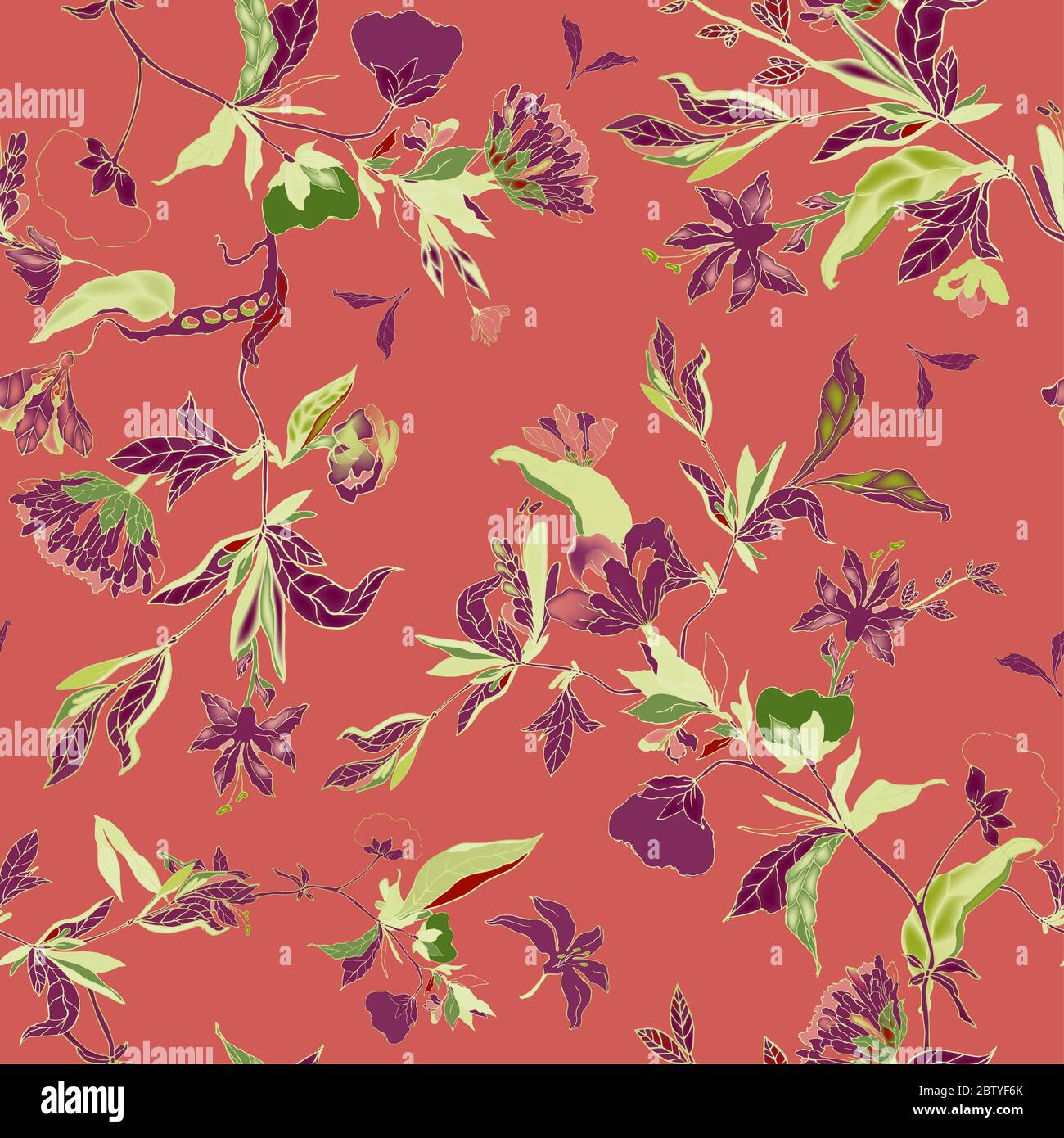 Delicate chartreuse green floral ornament of branches, leaves and ...