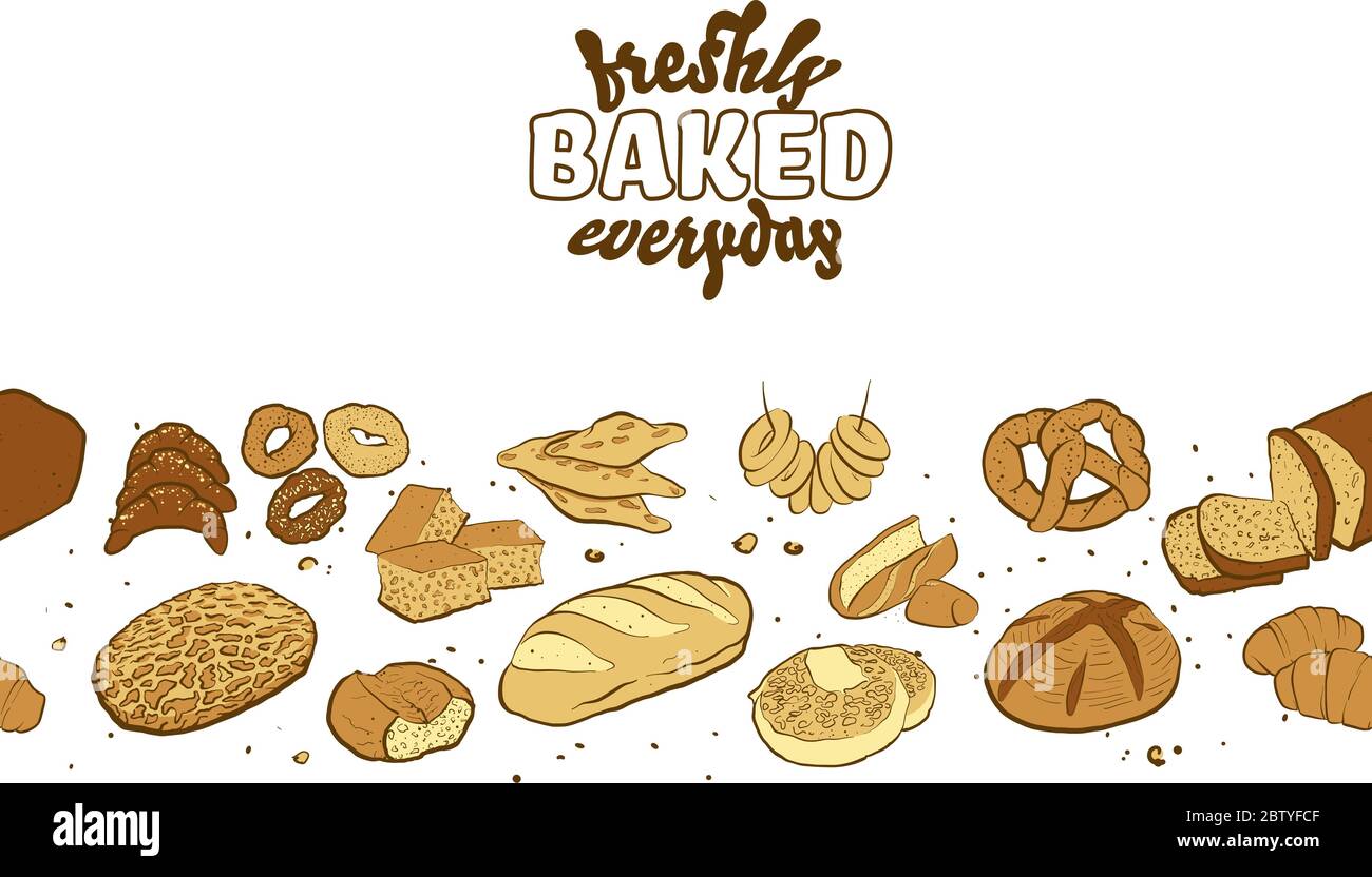 Freshly baked everyday label with illustrations of various types of ...