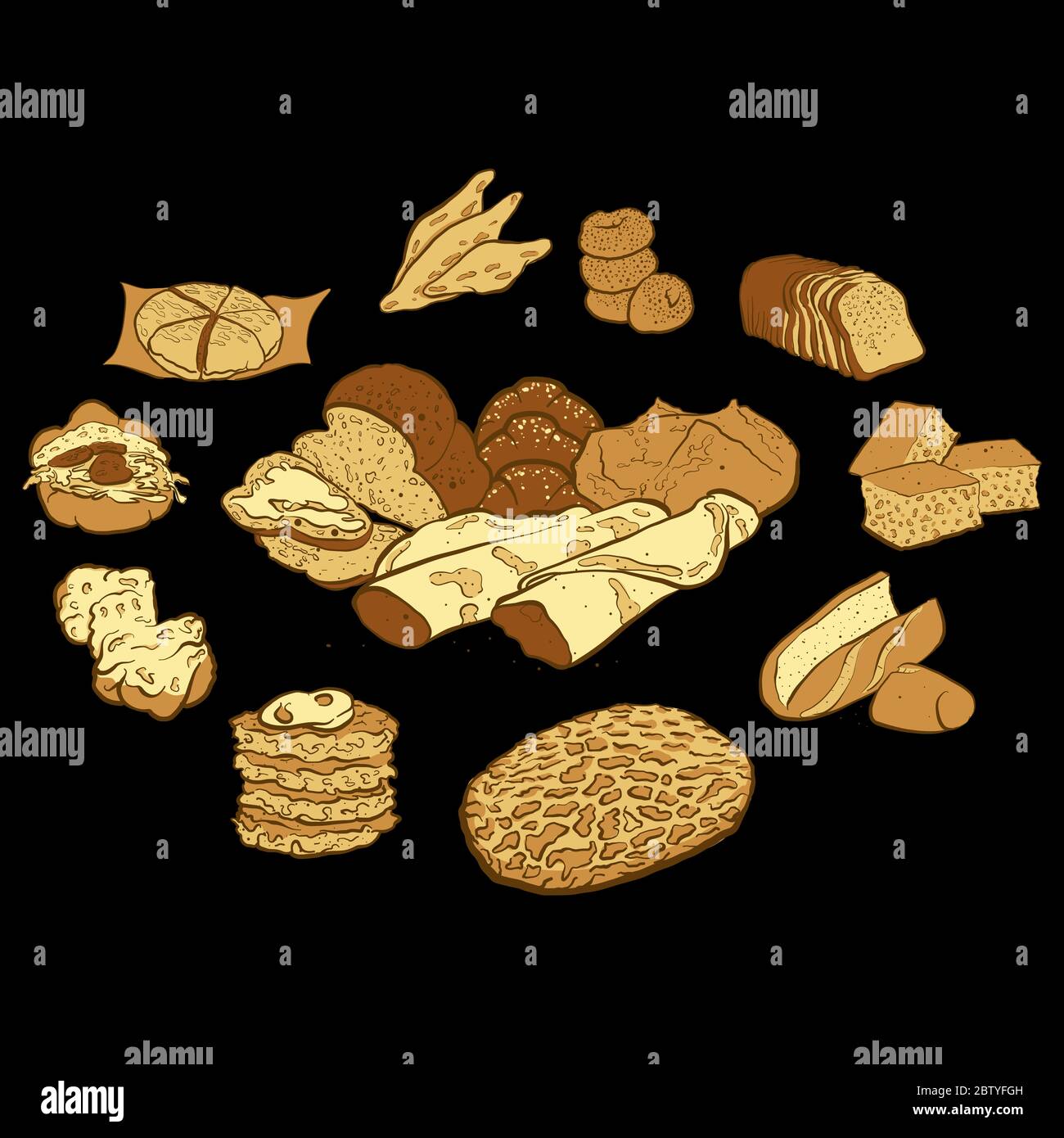 Circle shape composition from hand drawn bread. Rich coloured vector ...