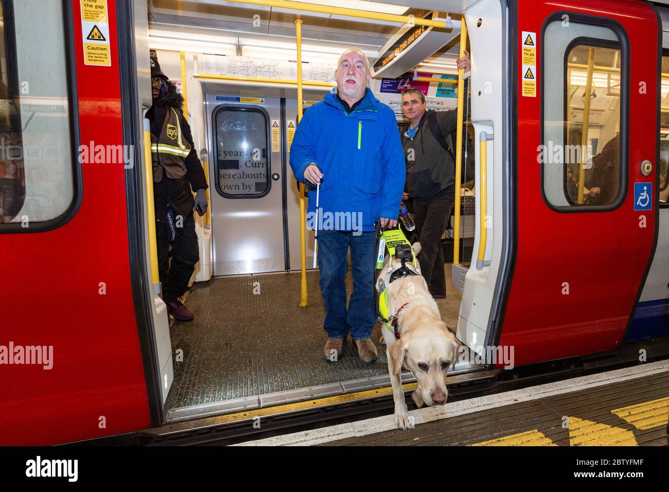 Guide Dog user getting off a train at King's Cross St Pancras Stock ...
