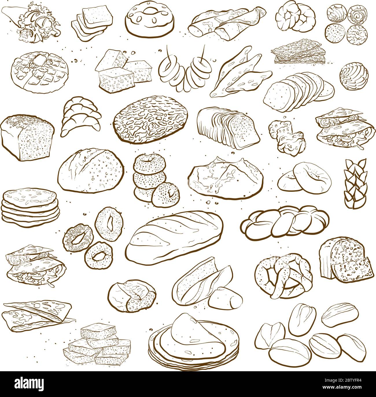 Outline version of Big Collection of hand drawn bread isolated on white ...