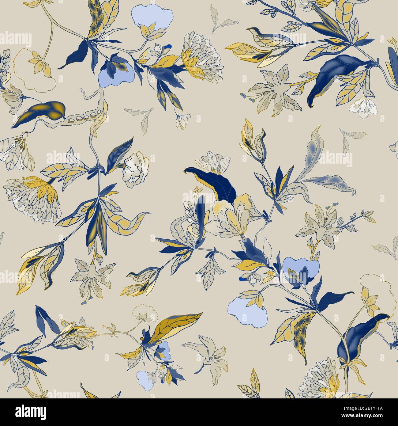 Delicate blue floral ornament of branches, leaves and inflorescences on ...